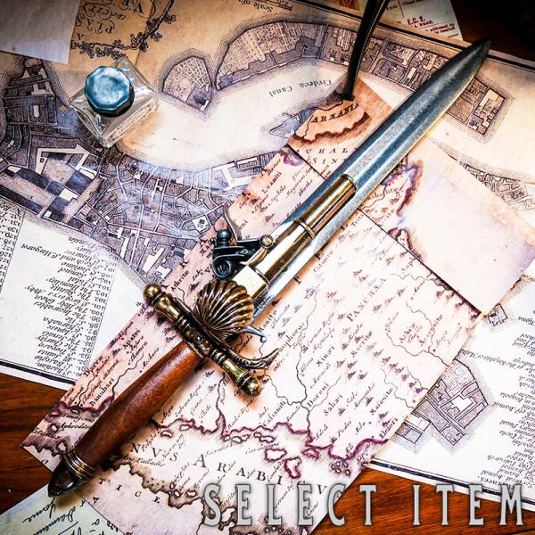 18世紀フランスフリントロック式ピストル。短剣と一体となったフリントロック式ピストルのレプリカ。木材と金属で作られていて、装填と発射のメカニズムをシミュレートしています。18世紀に海賊が使用された銃器の一つであるフリントロックピストルは、ハ...