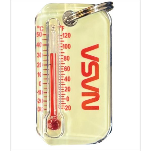 NASAの蓄光温度計キーチェーンです。暗闇で光るGLOW IN THE DARK(蓄光)仕様になっています。フロント面には摂氏・華氏表示が付いた液体温度計、 バック面には体感温度、寒さ指数を示すCHILL FACTORが記載されていますバッ...