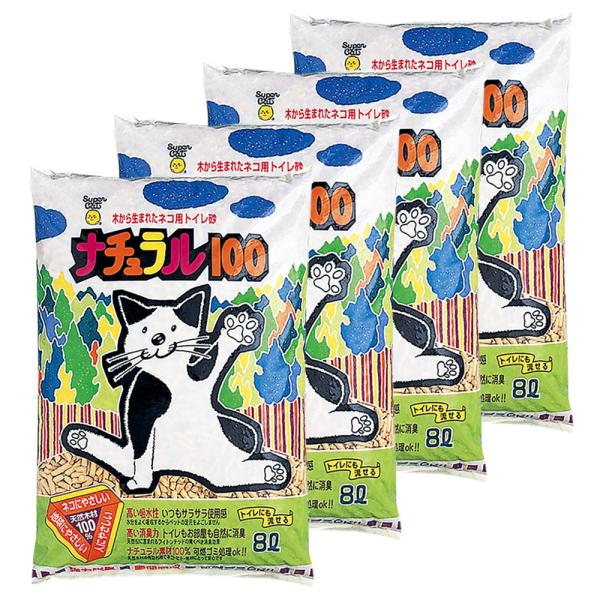 メーカー：スーパーキャット 猫用品　猫砂　木製　スーパーキャット　ナチュラル１００　８Ｌ　20120926　TNK　箱売り　4973640100101　トイレに流せる　nekosuna燃やせる　btsryo　ペレット　×４袋　y12m09
