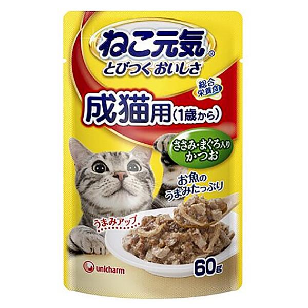 メーカー：ユニチャーム de20_unink　_neko　キャットフード　ウェットフード　ユニチャーム　ねこ元気パウチ　ねこ元気　総合栄養食　パウチ　成猫用１歳から　ささみ・まぐろ入りかつお　６０ｇ　20140507　RT　１２袋入り　ボー...