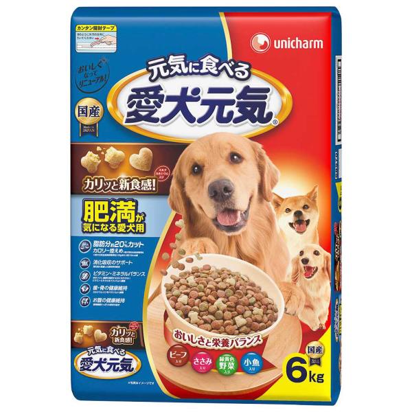 メーカー：ユニチャーム de20_uniai　愛犬元気　肥満が気になる愛犬用　６．０ｋｇ　犬フード　ドッグフード　餌　エサ　ごはん　ご飯　小分け　半生　ドライフード　ユニ　チャーム　ユニ・チャーム　総合栄養食　国産　皮膚　ビーフ　小魚　野菜...