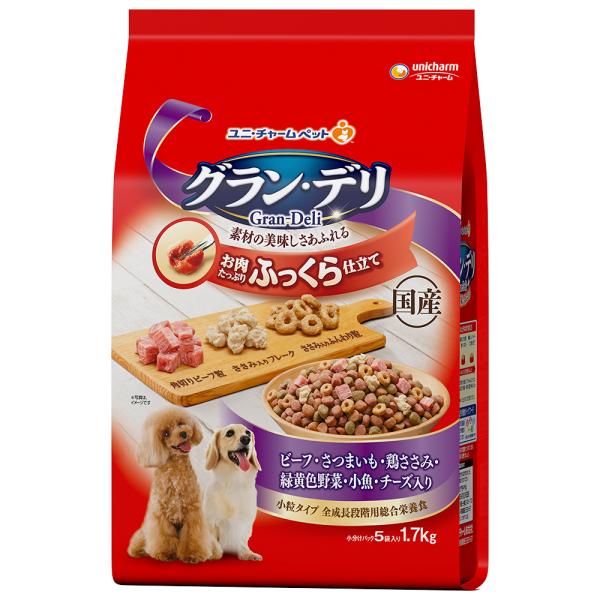 メーカー：ユニチャーム de20_unigr　グラン・デリ　ふっくら仕立て　ビーフ・さつまいも・鶏ささみ・緑黄色野菜・小魚・角切りビーフ粒入り　１．７ｋｇ　4520699655849　20191011　ＧＢＮＭ　ドッグフード　セミモイスト　...