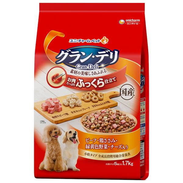 メーカー：ユニチャーム de20_unigr　グラン・デリ　ふっくら仕立て　ビーフ・鶏ささみ・緑黄色野菜・チーズ・角切りビーフ粒入り　１．７ｋｇ　4520699654842　20191016　ＧＢＮＭ　ドッグフード　セミモイスト　セミモイス...