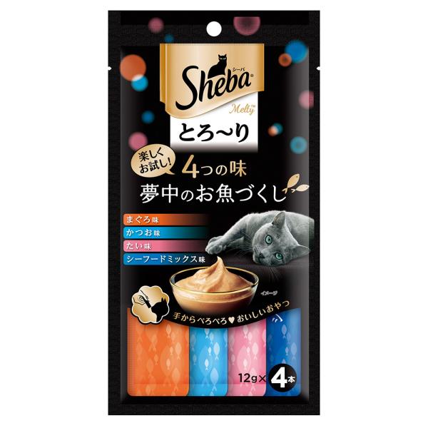 メーカー：マース シーバ　とろ〜り　メルティ　4つの味　夢中のお魚づくし　12g×4P　4902397862482　20210324　y21m03　mikari　猫用品　ネコ　猫　とろーり　魚　サカナ　海鮮　キャットフード　成猫用　なめやす...