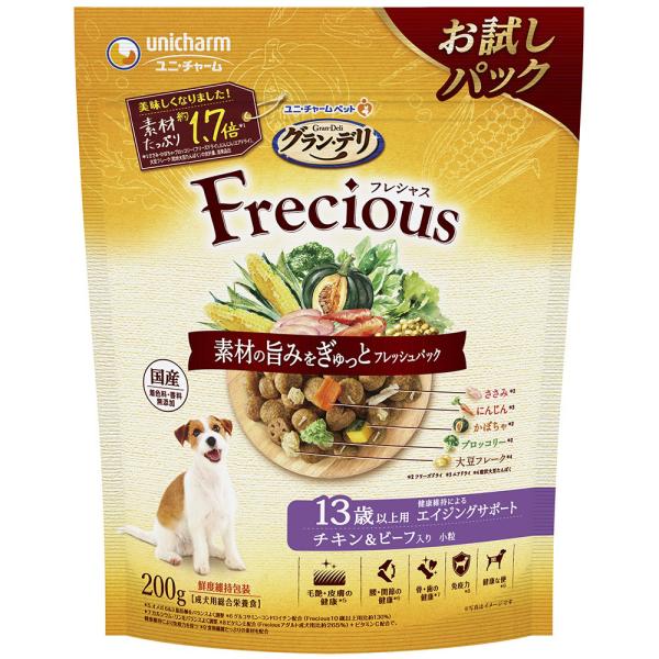 メーカー：ユニチャーム グラン・デリ　Ｆｒｅｃｉｏｕｓ　フレシャス　１３歳以上用　チキン＆ビーフ入り　２００ｇ　4520699621950　20210914　y21m09　ＳＵＮ　ドッグフード　ドライフード　ユニ・チャーム　愛犬元気　犬　い...
