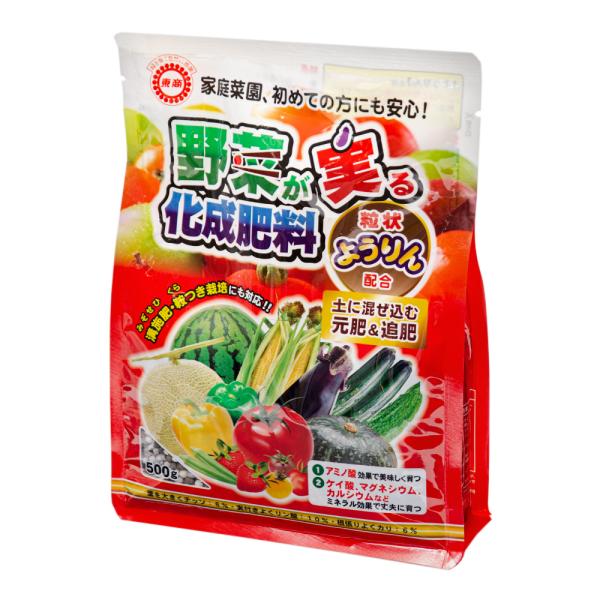 メーカー：東商 野菜が実る　化成肥料　５００ｇ　4905832541102　20220506　ｙ22ｍ05　mura　ガーデニング　園芸用品　家庭菜園　畑　庭　栽培　元肥　追肥　ようりん　肥料　粒　粒状　土　プランター　植物　野菜　果物　花...
