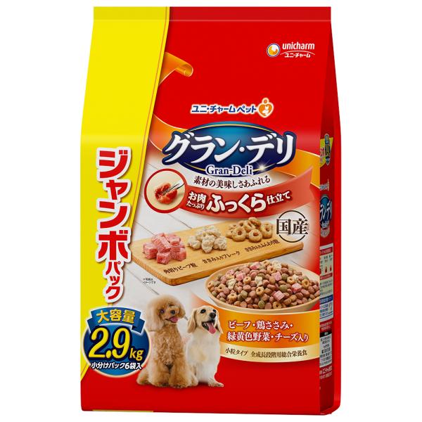 メーカー：ユニチャーム メーカー画像　グラン・デリ　ふっくら仕立て　ビーフ・鶏ささみ・緑黄色野菜・チーズ・角切りビーフ粒入り　ジャンボパック　２．９ｋｇ　4520699631614　20230327　y23ｍ03　mura　ドッグフード　セ...