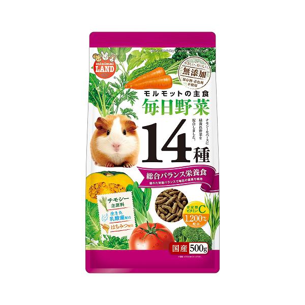 メーカー：マルカン 4906456579472　ML-527　マルカン　モルモットの毎日野菜１４種　５００ｇ　国産　モルモット　モルモットフード　主食　チモシー　うさぎ　チンチラ　小動物　鳥　小動物フード　餌　えさ　ビタミンC　便臭軽減　野...