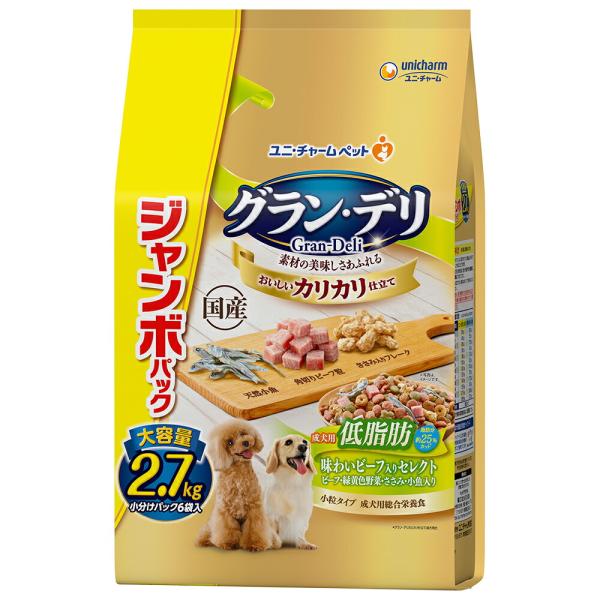 メーカー：ユニチャーム グラン・デリ　カリカリ仕立て　成犬用　低脂肪　味わいビーフ入りセレクト　脂肪分約２５％カット　ジャンボパック　２．７ｋｇ　×４　2250003046880　4520699631355　20240201　y24m02　...