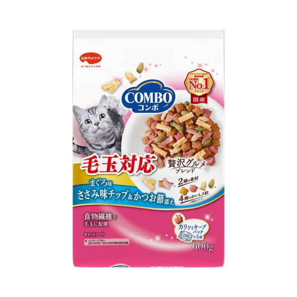 メーカー：日本ペットフード 　コンボ　キャット　毛玉対応　まぐろ味・ささみチップ・かつお節添え　600g(120g×5袋)×12　4902112047200　20240831　y24m08　mikari　猫　ねこ　猫用　ねこ用　cat　猫フ...