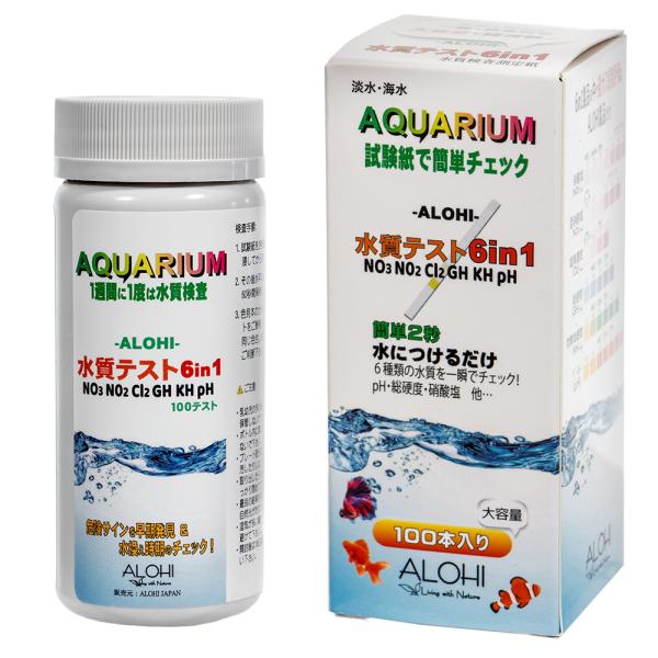 メーカー：ALOHI アクアリウム用品　アクア用品　水質測定　ＡＬＯＨＩ　水質検査紙　６ｉｎ１（淡水・海水両用）５０本入り　4580721111019　総合テスト　初心者　水槽　立ち上げ　ｐH　ｋH　GH　硝酸塩　亜硝酸　塩素　テストキット...