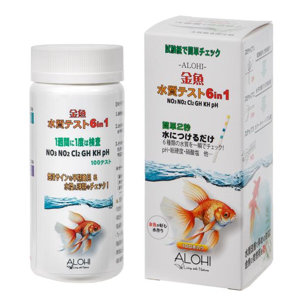 メーカー：ALOHI アクアリウム用品　アクア用品　水質測定　ＡＬＯＨＩ　金魚用　水質検査紙　６ｉｎ１　１００本入り　4580721110098　総合テスト　初心者　水槽　立ち上げ　ｐH　ｋH　GH　硝酸塩　亜硝酸　塩素　テストキット　総硬...