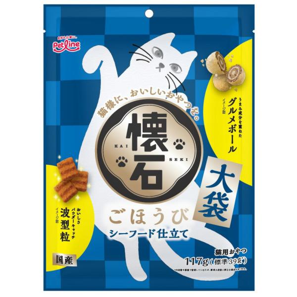 メーカー：ペットライン frditem_hidden　メーカー画像　懐石ごほうび　シーフード仕立て　117g　大袋　猫　おやつ　4902418004730　20250308　y25m03　mikari　ネコ　猫フード　カリカリ　キャットフー...