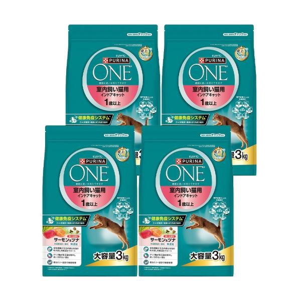 メーカー：ネスレ メーカー画像　ピュリナワン　室内飼い猫用　インドアキャット　１歳以上　サーモン＆ツナ　３ｋｇ　4902201216593　猫フード　キャットフード　キャット　猫　ねこ　健康　免疫　無添加　総合栄養食　サーモン　鮭　ツナ　ド...