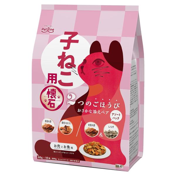 メーカー：ペットライン メーカー画像　キャットフード　懐石　２つのごほうび　おさかな添えペア　子ねこ用　６００ｇ（６０ｇ×１０袋）　猫フード　国産　4902418004464　20250823　y25m08　Kbsk　猫　ねこ　猫用　ドライ...