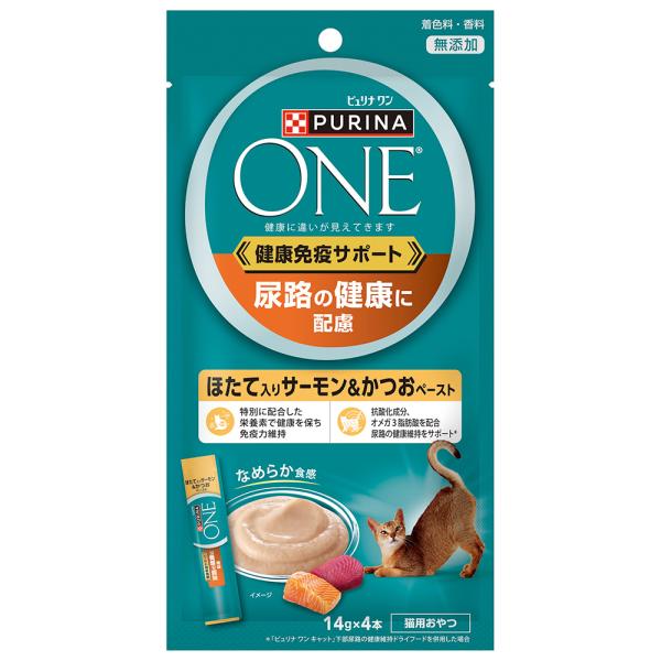 メーカー：ネスレ メーカー画像　ピュリナワン　おやつ　健康免疫サポート　尿路の健康に配慮　ほたて入りサーモン＆かつおペースト　５６ｇ　１４ｇ×４本　4902201204231　猫　ねこ　ネコ　キャット　cat　CAT　猫用　ねこ用　猫フード...