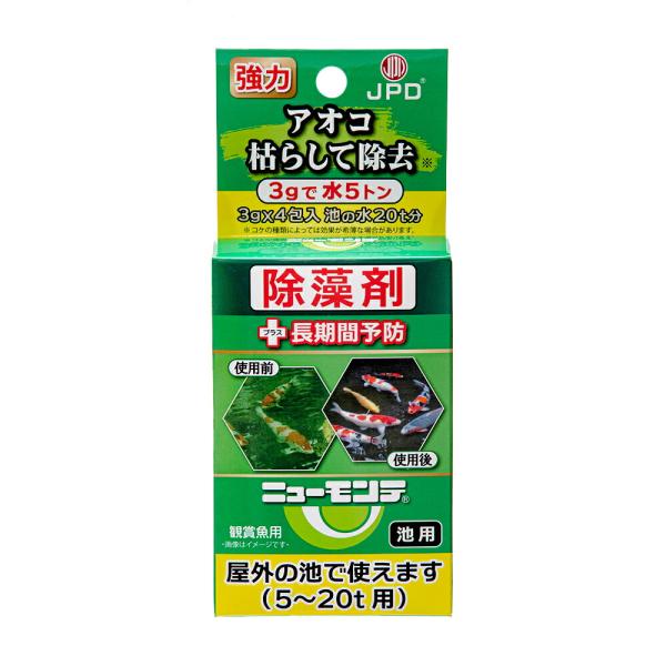 メーカー：日本動物薬品 日本動物薬品　ニチドウ　アオコ除去剤　ニューモンテ　3g×4包入り　20トン用　コケ　アオコ　池用　4975677046988　20220808　y22m08　mura　アクアリウム用品　アクア用品　池　調整剤　バク...
