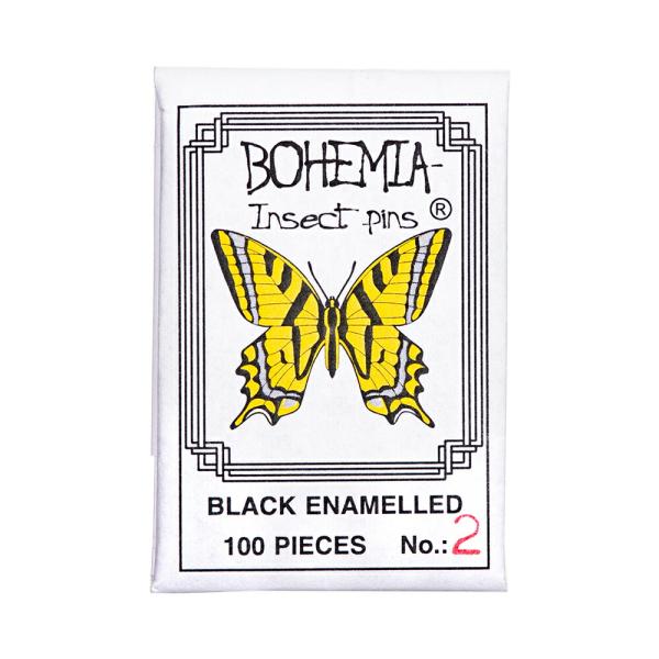メーカー：六本脚 標本針　BOHEMIA　InsectPins　2号　ブラックエナメル　100本入り　長さ38mm　標本用品　標本　昆虫用品　ボヘミア　蝶　針　展翅　チェコ製　海外製　チョウ　チョウチョ　蝶々　ガ　蛾　小型　極細　有頭　ピン...
