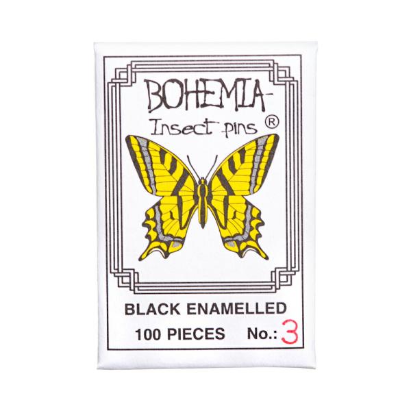 メーカー：六本脚 標本針　BOHEMIA　InsectPins　3号　ブラックエナメル　100本入り　長さ38mm　標本用品　標本　昆虫用品　ボヘミア　蝶　針　展翅　チェコ製　海外製　チョウ　チョウチョ　蝶々　ガ　蛾　小型　極細　有頭　ピン...