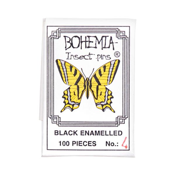 メーカー：六本脚 標本針　BOHEMIA　InsectPins　4号　ブラックエナメル　100本入り　長さ38mm　標本用品　標本　昆虫用品　ボヘミア　蝶　針　展翅　チェコ製　海外製　チョウ　チョウチョ　蝶々　ガ　蛾　小型　極細　有頭　ピン...