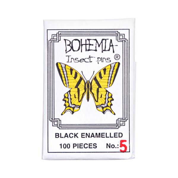 メーカー：六本脚 標本針　BOHEMIA　InsectPins　5号　ブラックエナメル　100本入り　長さ38mm　標本用品　標本　昆虫用品　ボヘミア　蝶　針　展翅　チェコ製　海外製　チョウ　チョウチョ　蝶々　ガ　蛾　小型　極細　有頭　ピン...