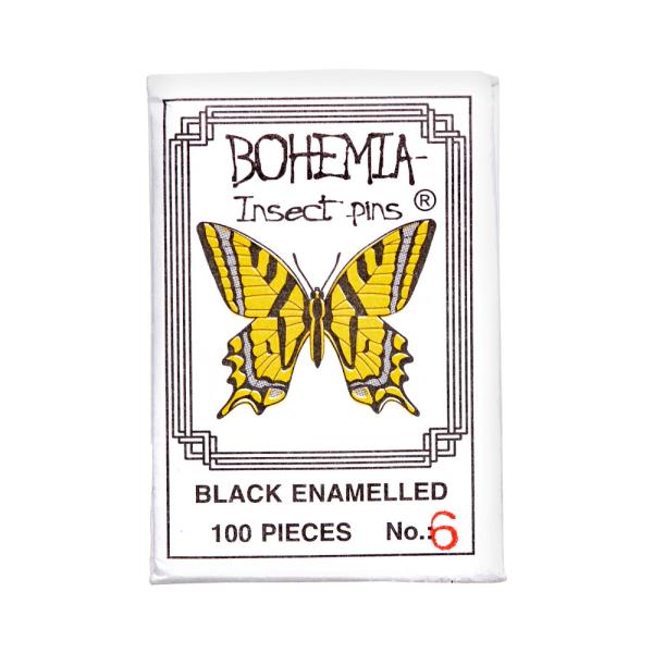 メーカー：六本脚 標本針　BOHEMIA　InsectPins　6号　ブラックエナメル　100本入り　長さ38mm　標本用品　標本　昆虫用品　ボヘミア　蝶　針　展翅　チェコ製　海外製　チョウ　チョウチョ　蝶々　ガ　蛾　小型　極細　有頭　ピン...