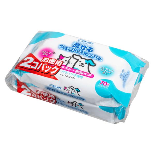 メーカー：シーズイシハラ クリーンワン　流せるウェットティッシュ　花粉ケア　７０枚×２個　4990968521500　犬　猫　ペット　犬用品　猫用品　ペット用品　お手入れ　ウエットティッシュ　おでかけ　お出かけ　汚れ　花粉　いぬ　イヌ　DO...