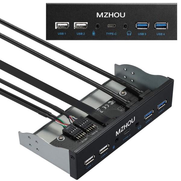 Mzhou USB2.0 + 3.0金属フロント、5.25インチ19Pinフロントパネルアダプター、4つのUSB 3.0ポートハブおよび（1HDオーディオポート/1TPY-Cポート/1マイク入力）商品コード：49063175420型番：PA...