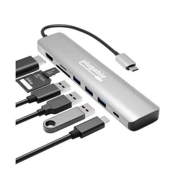 Plugable USB-C ハブ 7-in-1 マルチアダプター Windows Mac Chromebook 互換（4K HDMI、USB 3.0 ポートx3、SD/microSD カードリーダー、92W 充電）USB4、Thunder...