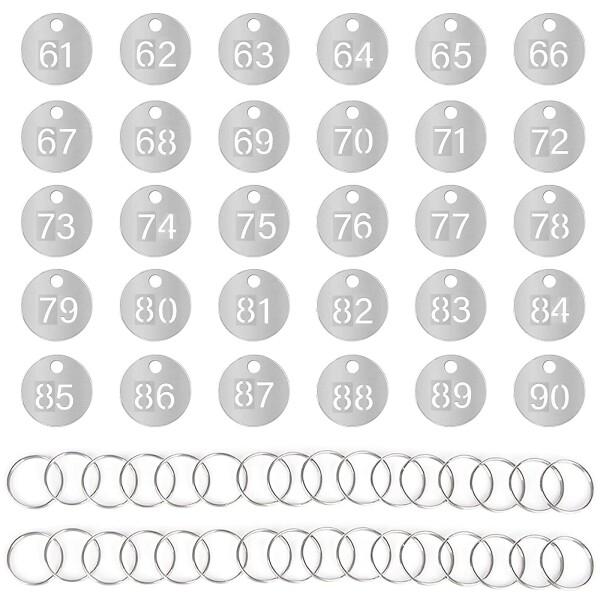Hiitom ドア番号タグ クローク 両面 ドア番号札 荷札 コイルブレスレット付 ステンレス 業務管理用 ロッカー キーラベルタグ 防水 耐高温性 キーリング付き (30mm-61から90まで)商品コード：49069130429型番：14...