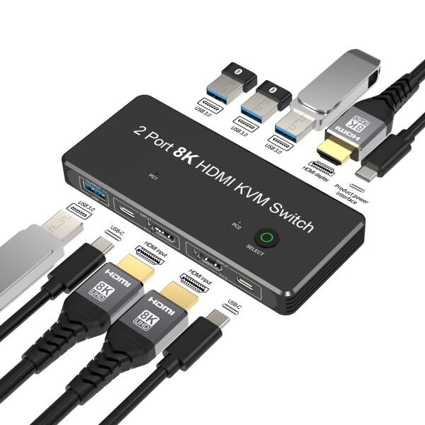FDBRO 2ポート 8K HDMI 2.1 KVM スイッチ 2入力1出力 8K@60Hz 4K@120Hz 2PCから1モニター、キーボード/マウス/Uディスクを共有するための4つのUSB 3.0ポート商品コード：49069141581...