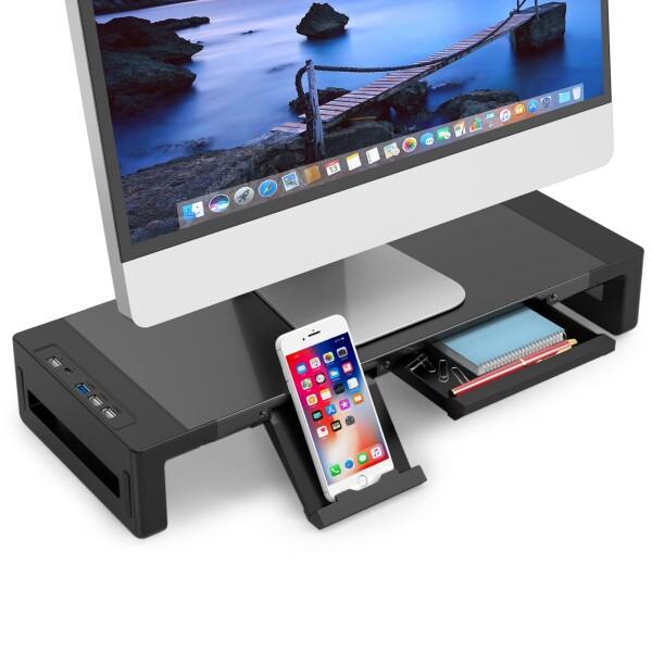 EAYHM モニター台 USB2.0/3.0 机上台 USB/TYPE-C充電付き PCスタンド スチール製 耐荷重30kg ノートパソコン/プリンター/iMac/タブレットパソコンに適用 引き出しとスマホホルダー付き (52*20*8.5...