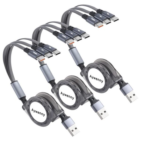 3 in 1巻き充電ケーブル、USB多機能充電ケーブル、3A高速充電、3つのTypeCインターフェースを持ち、3台の機器の同時充電に対応しているだけでなく、長さ調整が可能で、出張/旅行/オフィスなどのシーンで使用でき、Switch/Huaw...