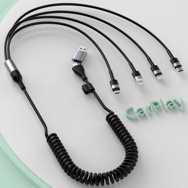 Multi 6-in-1 USB A/C Universal Coiled iPhone Charging Cable for CarPlay,Lightning*2+Type C+Micro USB Long Phone Charger ...