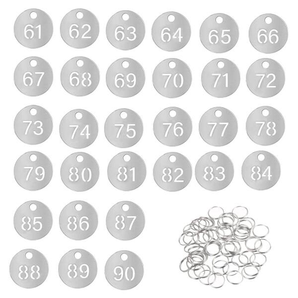 Hiitom ドア番号タグ クローク 両面 ドア番号札 荷札 コイルブレスレット付 ステンレス 業務管理用 ロッカー キーラベルタグ 防水 耐高温性 キーリング付き (20mm-61から90まで)商品コード：49069175039型番：14...