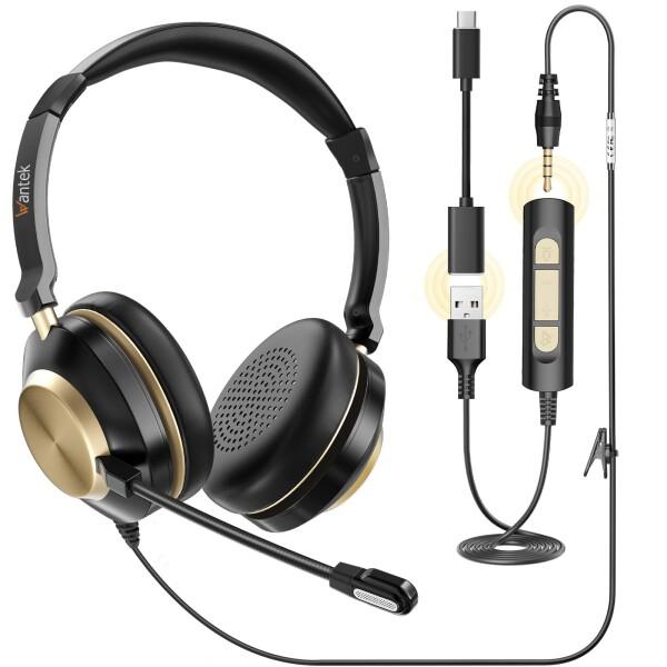 Wantek アップグレードヘッドセット USB/Type-C/3.5mm 両耳 新型ノイズキャンセリングマイク付き 有線コントロール PC用ヘッドホン Web会議、Zoom/Skype、オフィス、ビジネス、在宅勤務、業務用、リモートワーク...