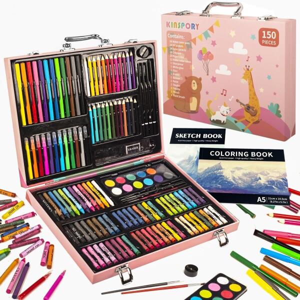 150PC Art Set, KINSPORY Coloring Art Kit, Wooden Drawing Art Supplies Case, Markers Crayon Colour Pencils for Budding Ar...