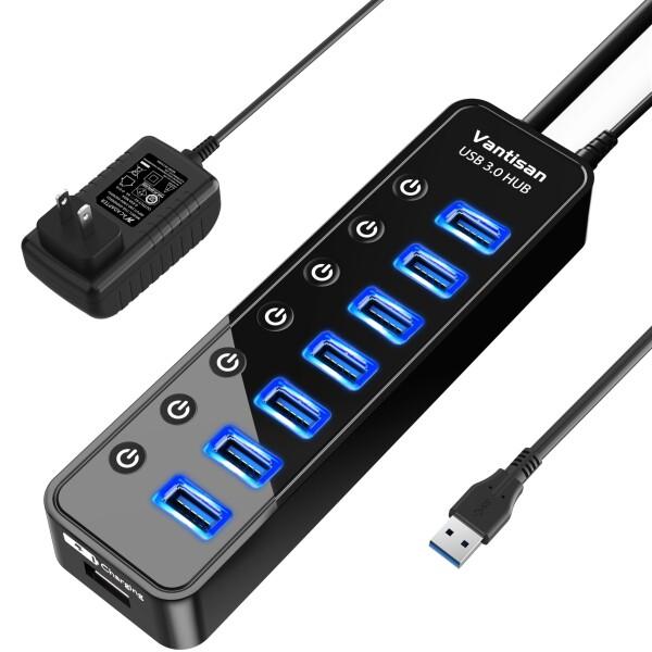 vantisan USBハブ 電源付き USB 3.0 Hub 高速USB HUB 7ポートの 拡張+ 1充電ポート USB拡張 セルフパワー/バスパワー 独立スイッチ付 5V/4A ACアダプタ付きWindows 10, 8.1, 8, ...
