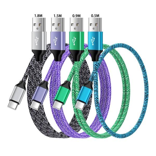 ANNIBER USB タイプCケーブル 0.5m/0.9m/1.5m/1.8m 4本/4色 アンドロイド Type-C 携帯充電ケーブル スマホ急速充電ケーブル Quick Charge3.0対応 iPhone 16/15/Xperia/...