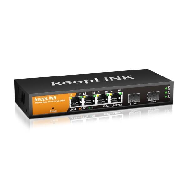 keepLiNK 6ポート2.5Gbpsスイッチングハブ （2.5G RJ45ポートx4、10GbE SFP+ポート x2）簡易スマート （Web 管理対応）スイッチングハブ 金属筐体 ファンレス 静音設計商品コード：49069205905...