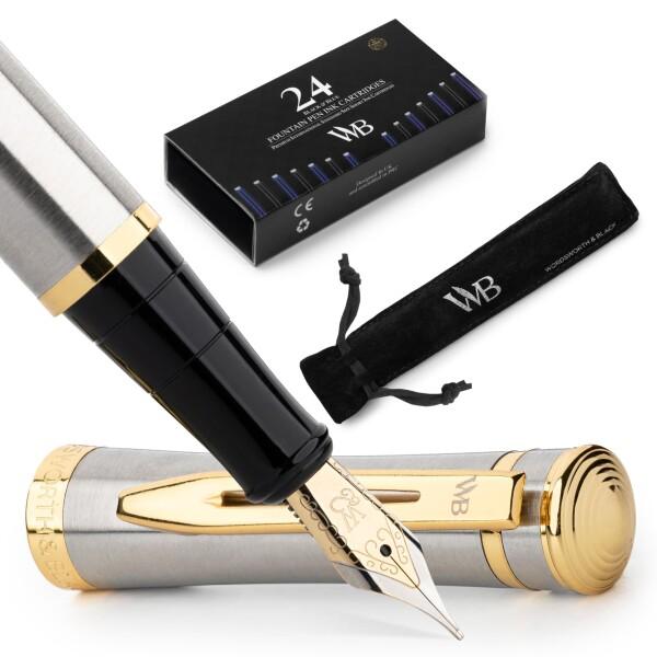Wordsworth and Black Fountain Pen (Silver Gold)- Luxury Medium Nib Fountain Pen Set Includes 24 Ink Cartridges (Black &a...