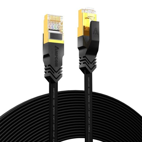 CAT7準拠STP 高速LANケーブル 1m 薄さ約2mm スリムタイプ AMPCOM 10Gbps/600MHz RJ45 フラットインターネットケーブル 金メッキコネクタ 高靭性ポリエステル採用 PVC被覆 爪折れ防止 黒 1M商品コー...