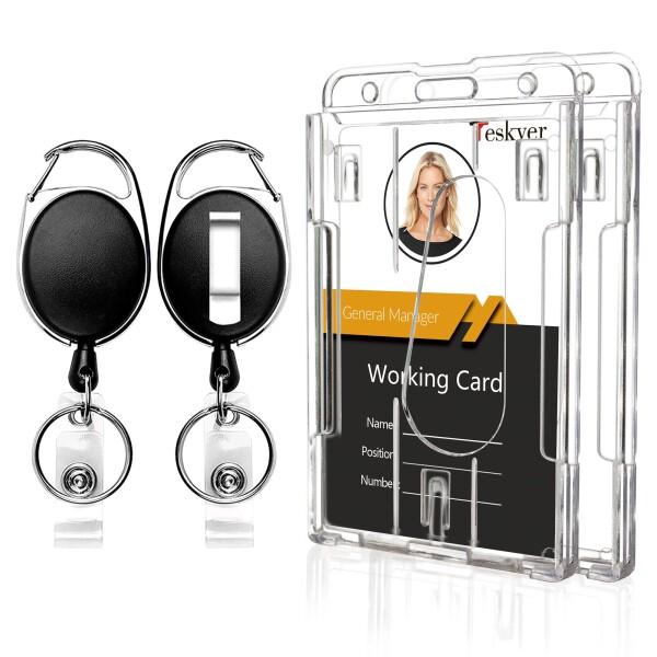 Teskyer IDカードホルダー 格納式バッジリール クリップ プラスチック 透明 バッジホルダー付き クリア 硬質 ネームホルダー パスケース 社員証 ２枚セット（縦*2）商品コード：49069262818型番：D1サイズ：Vertic...