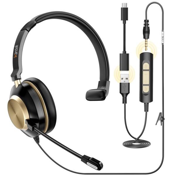 Wantek 新型ヘッドセット USB/TypeC/3.5mm 片耳 ノイズキャンセリングマイク付き 有線PC用ヘッドホン Web会議、Skype、オフィス、在宅勤務、業務用、リモートワーク、コールセンターに適用 クリアな通話 超軽量 超快...