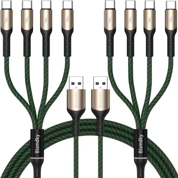 4 in 1高耐久編組ナイロン多機能充電ケーブル、USB C急速充電ケーブル、PD+QC対応 3.1A急速充電 4種類のインターフェースTypeC*4 を持ち、4台の設備の同時充電をサポートしPhone17 16 15/Switch/Goo...