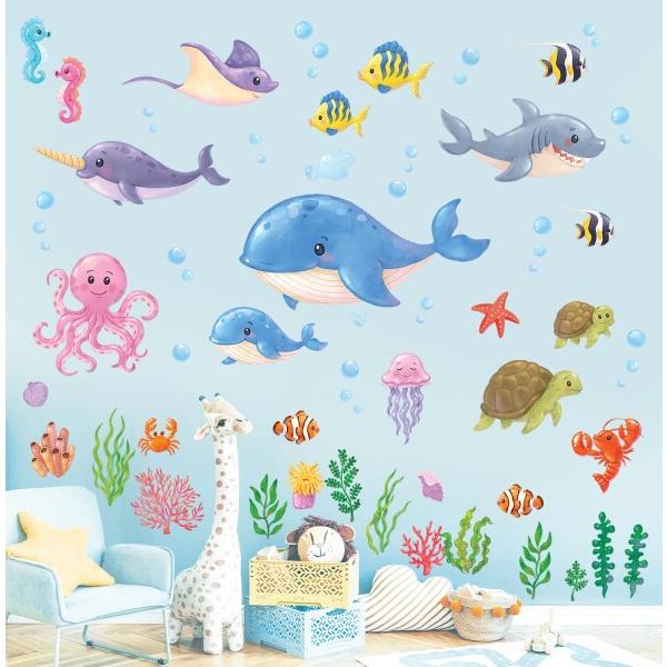 DECOWALL DS12-8081 海の中 ウォールステッカー デコ クジラ タコ 熱帯魚 カメ サメ ヒトデ クラゲ 幼稚園 保育園 子供部屋 DIY 壁転写 シール ウォールアート シール 男の子 女の子 こども バスルーム デコレー...