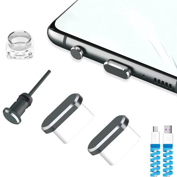 VIWIEU USB C キャップ 携帯 タイプc カバー コネクタ防塵保護 防砂 防水 ジャック 充電穴端子保護プラグ、アルミニウムとシリコン製 ケーブルプロテクター付き スマホ/タブレットワイヤレス充電に対応 (2個 スペースグレー) ...