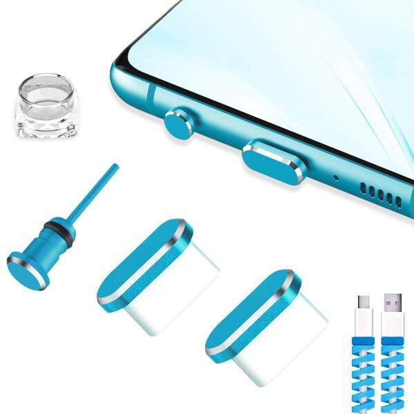 VIWIEU USB C キャップ 携帯 タイプc カバー コネクタ防塵保護 防砂 防水 ジャック 充電穴端子保護プラグ、アルミニウムとシリコン製 2個のケーブルプロテクター付き スマホ/タブレットワイヤレス充電に対応 (2個 青) iPh...