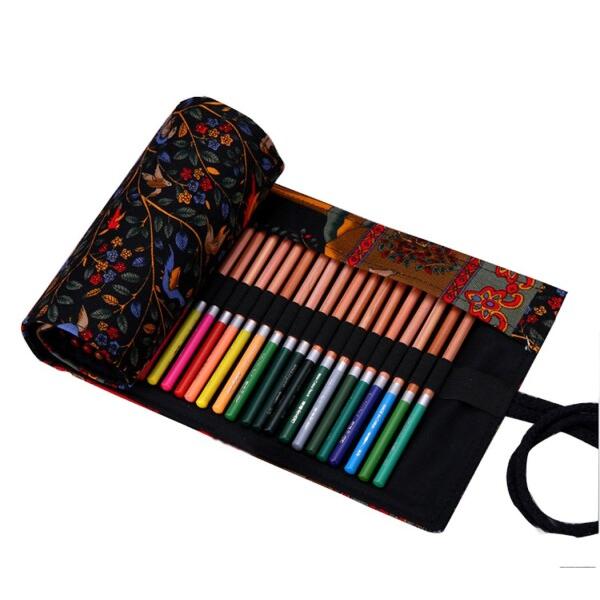 (48-Holes, Happy Tree) - Hillento canvas handmade National Wind happy tree pencil wrap pen colour pencil bags hold for 4...