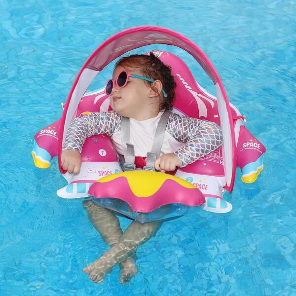 YXTC ベビー浮き輪 足入れ 屋根付き ロケット 浮き輪 赤ちゃん用 足入れ UVカット SPF50+ 日焼け止め 取り外し可能なサンシェード ベビーフロート 水遊び 6ヶ月-3歳適用 (ピンク)商品コード：49071713453型番：S...